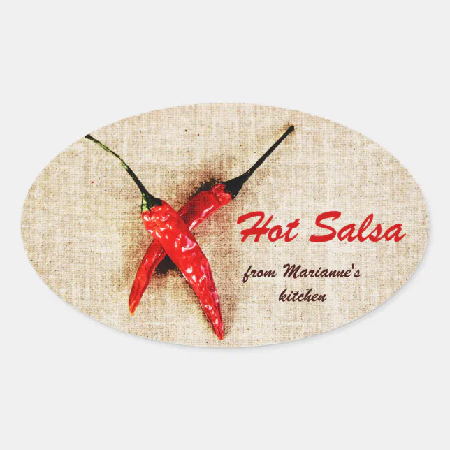 rustic chili peppers hot salsa sauce oval sticker | Zazzle