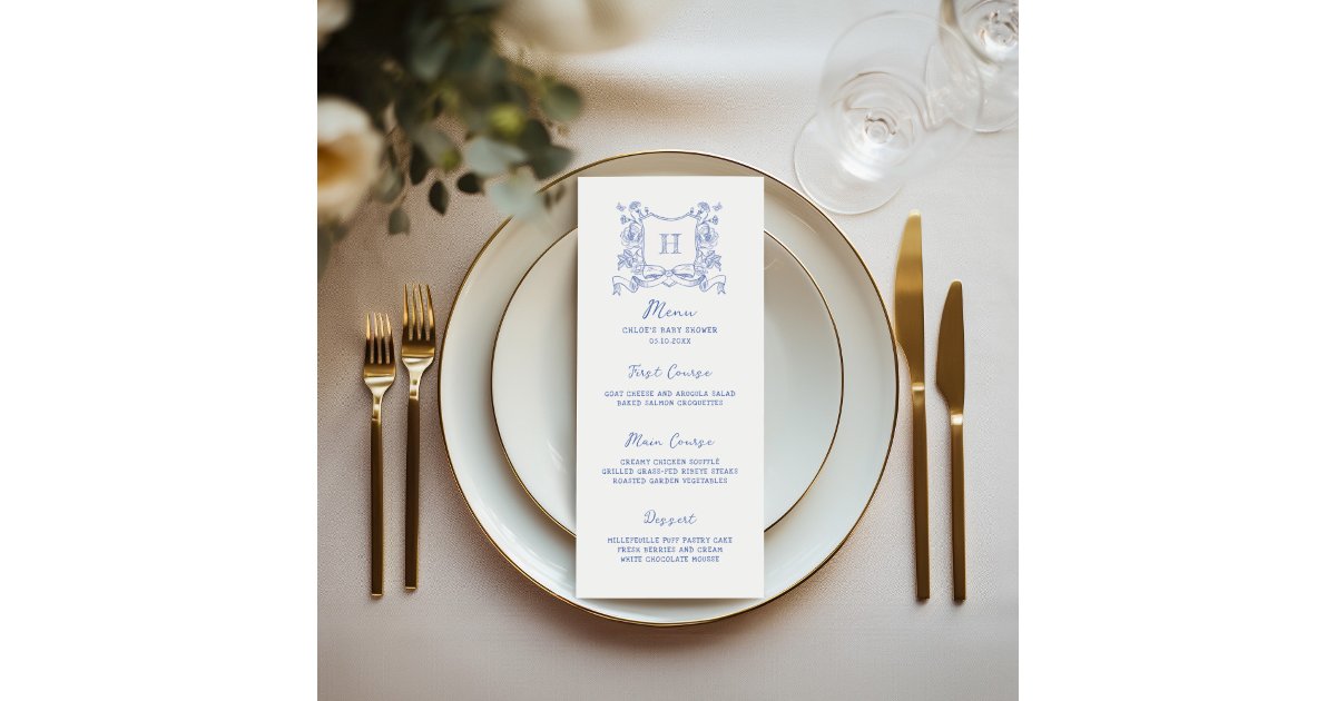 Rustic Chinoiserie Bow Floral Crest Baby Shower Menu | Zazzle