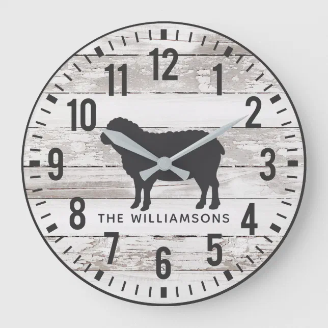 Rustic Chippy Planks Custom Family Name Sheep Large Clock | Zazzle