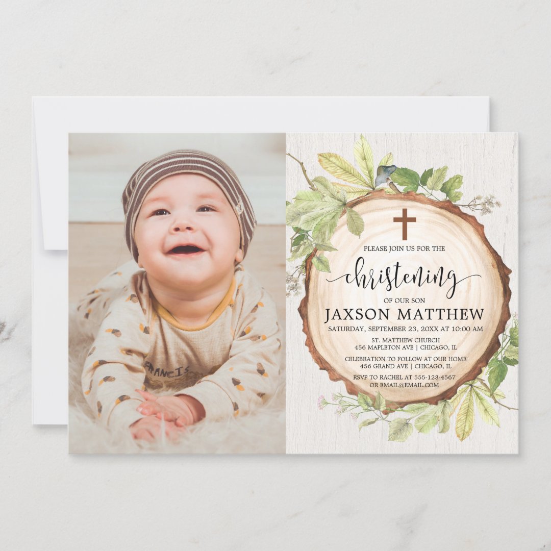 Rustic christening photo woodland fall foliage invitation | Zazzle
