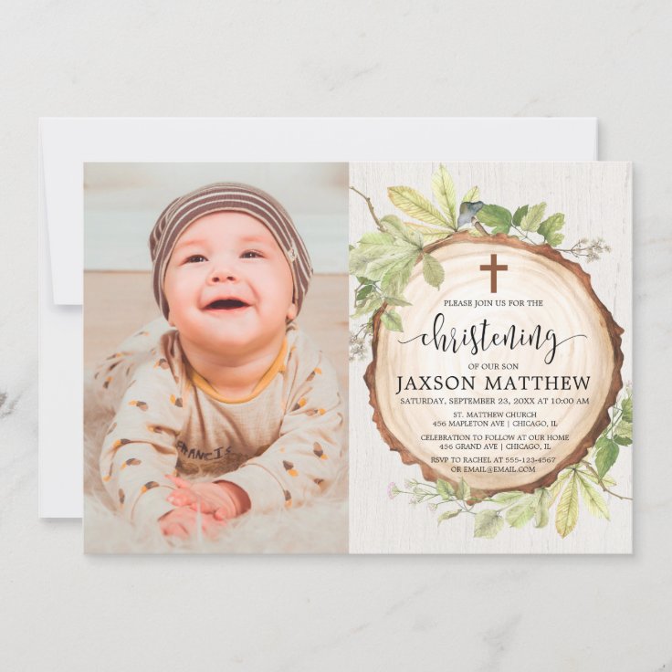 Rustic christening photo woodland fall foliage invitation | Zazzle