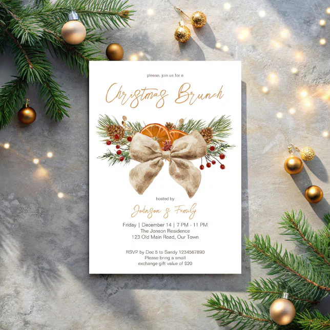Rustic Christmas brunch pines bow berries Invitation | Zazzle