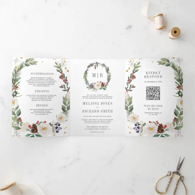 Rustic Christmas Floral Monogram QR Code Wedding Tri-Fold Invitation ...
