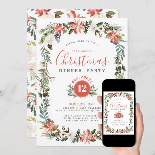 Rustic Christmas Flowers Frame Party Invitation | Zazzle