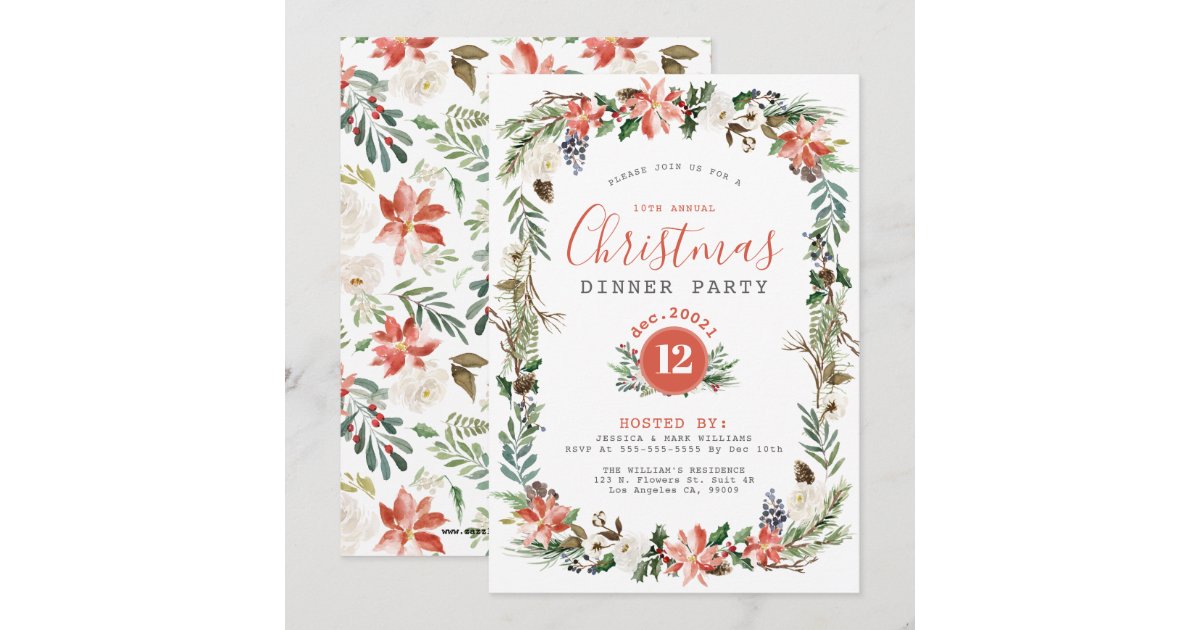 Rustic Christmas Flowers Frame Party Invitation | Zazzle