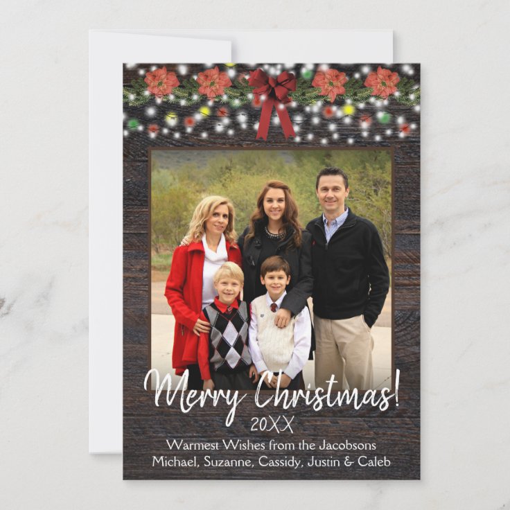Rustic Christmas Garland with Lights Photo Holiday Card | Zazzle