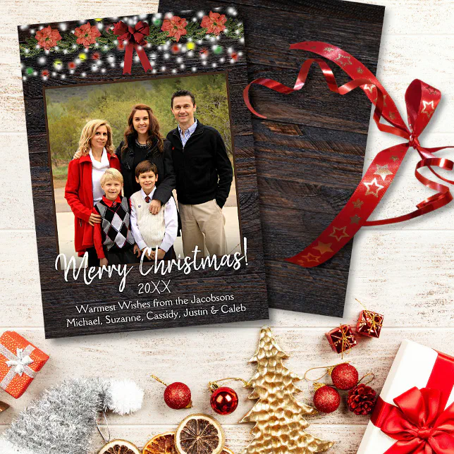 Rustic Christmas Garland with Lights Photo Holiday Card | Zazzle