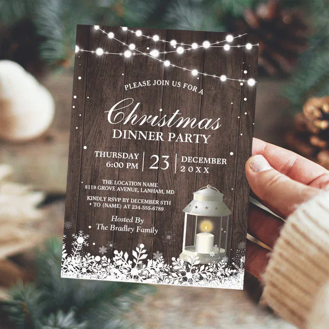 Rustic Christmas Party String Lights White Lantern Invitation | Zazzle