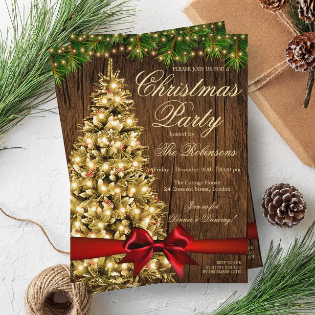 Rustic Christmas Party | Xmas Tree Lights & Ribbon Invitation | Zazzle