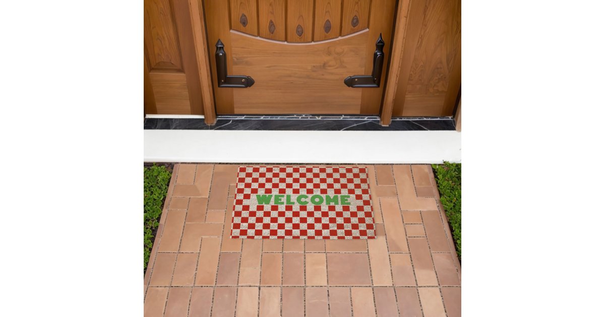 Rustic Christmas Red Checkered Holiday Welcome Fiber Doormat | Zazzle