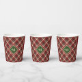 Rustic Christmas Red Green Plaid Simple Monogram Paper Cups | Zazzle