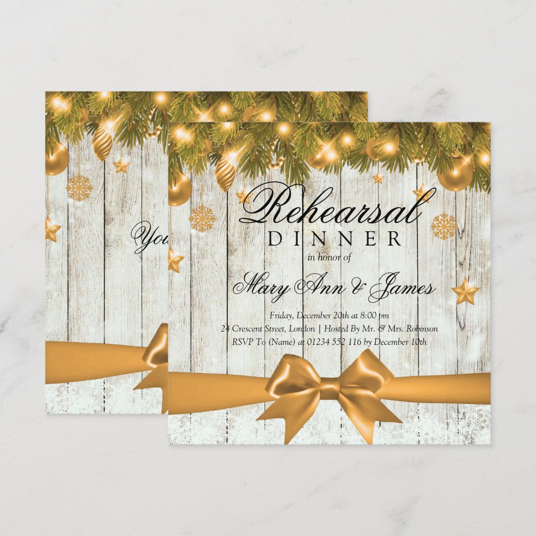 Rustic Christmas Rehearsal Dinner Gold Decor Invitation | Zazzle