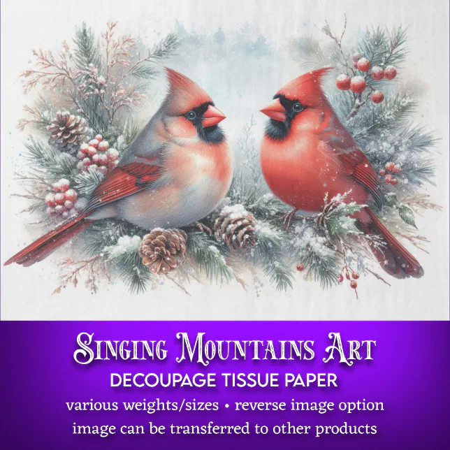 Rustic Christmas Watercolor Cardinals Decoupage Tissue Paper | Zazzle