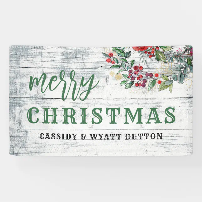 Rustic Christmas Weathered Wood Holly Berries Banner | Zazzle