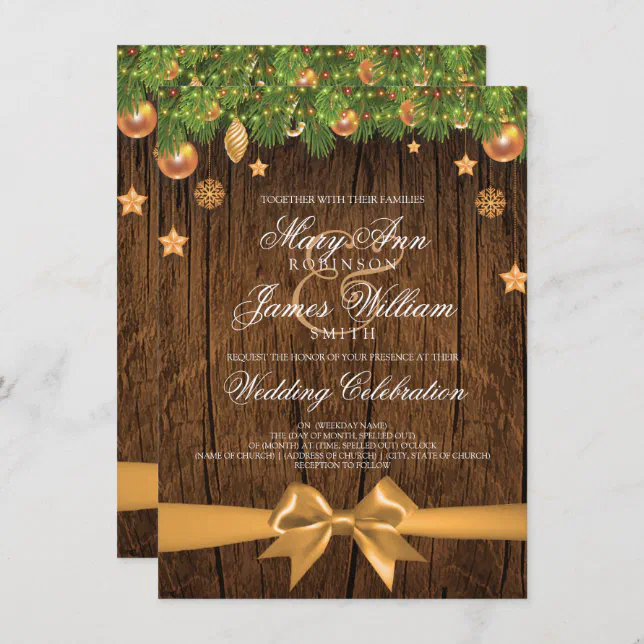Rustic Christmas Wedding Gold Decorations & Ribbon Invitation | Zazzle