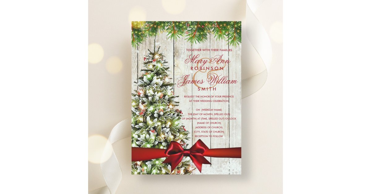 Rustic Christmas Wedding Tree, Lights & Red Ribbon Invitation | Zazzle