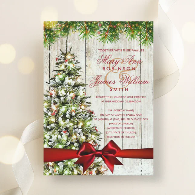Rustic Christmas Wedding Tree, Lights & Red Ribbon Invitation | Zazzle