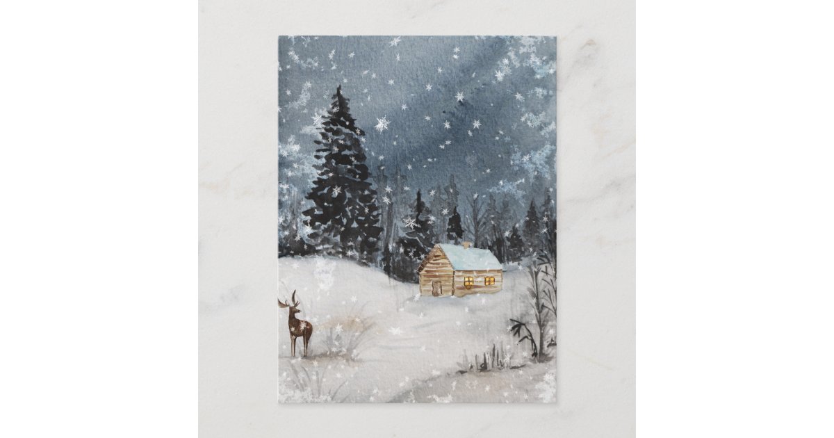 Rustic Christmas Winter Night Snow Cabin Deer Holiday Postcard | Zazzle