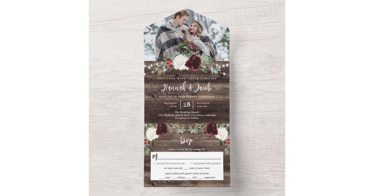 Rustic Christmas Winter Wood Photo Wedding All In One Invitation | Zazzle