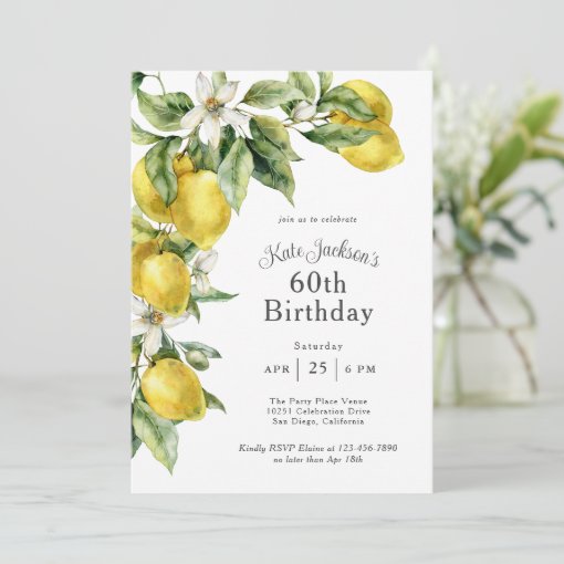 Rustic Citrus Watercolor Lemons 60th Birthday Invitation | Zazzle