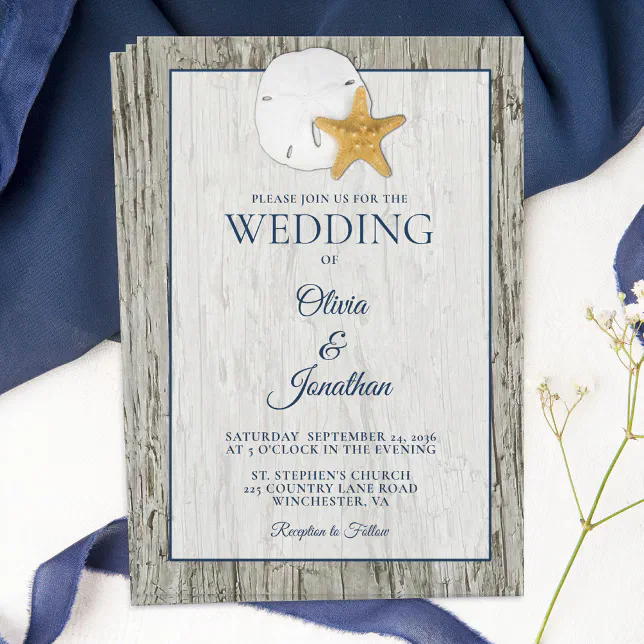 Rustic Coastal Driftwood Sand Dollar Wedding Invitation | Zazzle