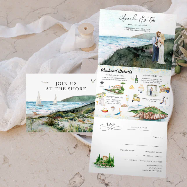Rustic Coastal Seaside Ocean Wedding Tri-Fold Invitation | Zazzle