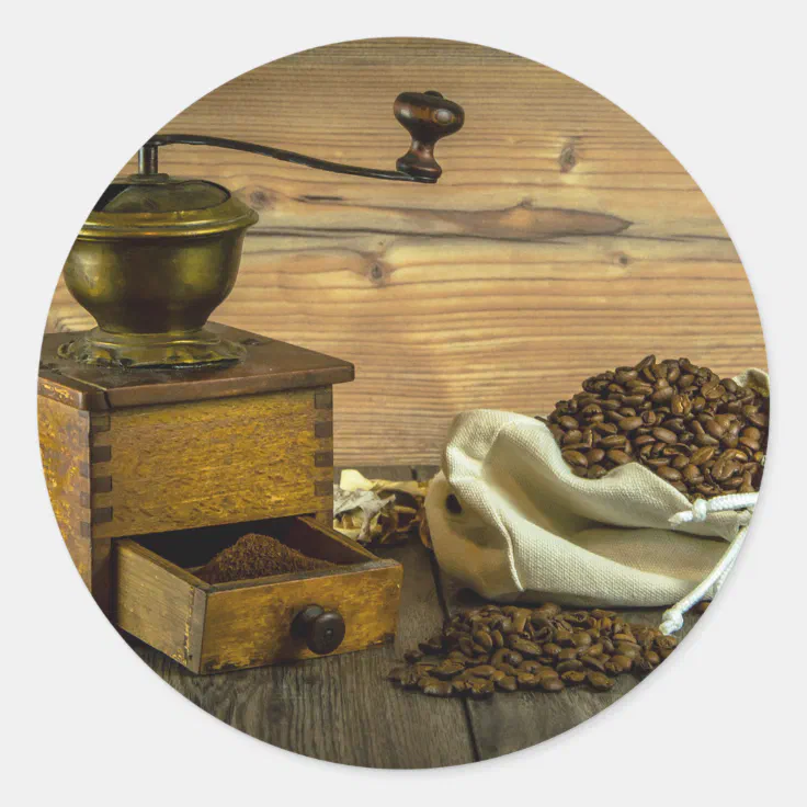 Rustic Coffee Grinder Photo Classic Round Sticker | Zazzle