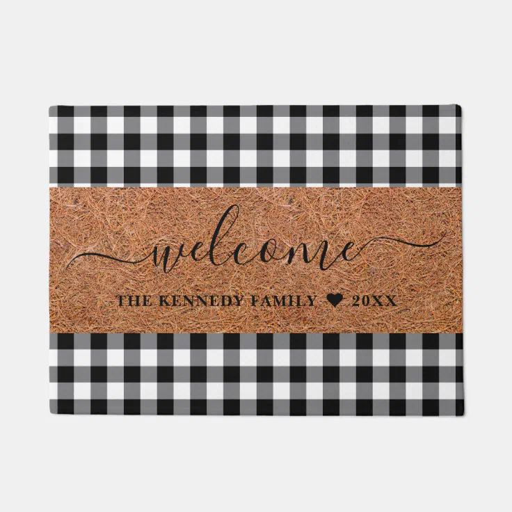 Rustic Coir Welcome Black And White Buffalo Plaid Doormat | Zazzle