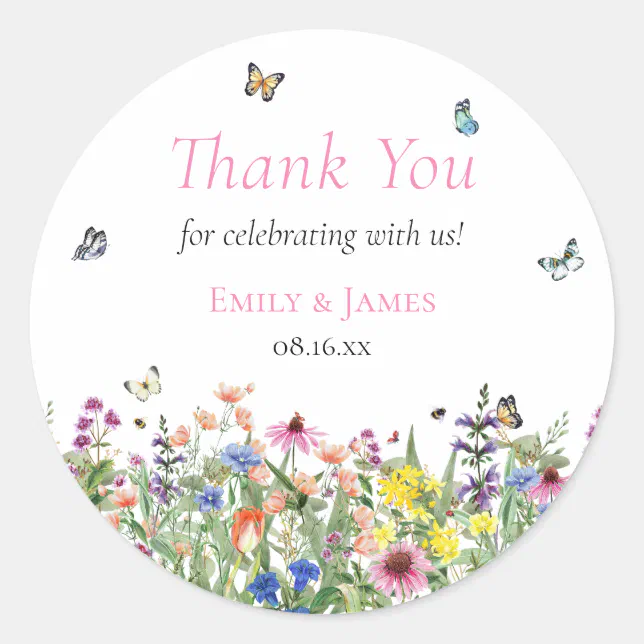 Rustic Colorful Wildflowers Wedding Thank You Classic Round Sticker ...