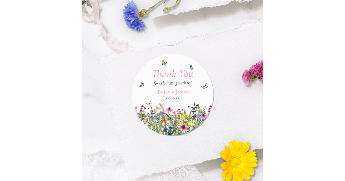 Rustic Colorful Wildflowers Wedding Thank You Classic Round Sticker ...