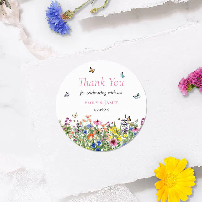 Rustic Colorful Wildflowers Wedding Thank You Classic Round Sticker ...