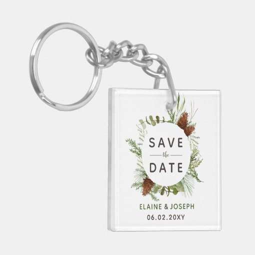 Rustic Conifer Pine Cone Save The Date Photo Keychain | Zazzle