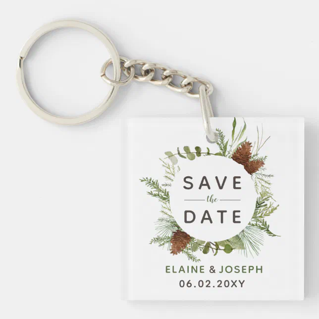 Rustic Conifer Pine Cone Save The Date Photo Keychain | Zazzle