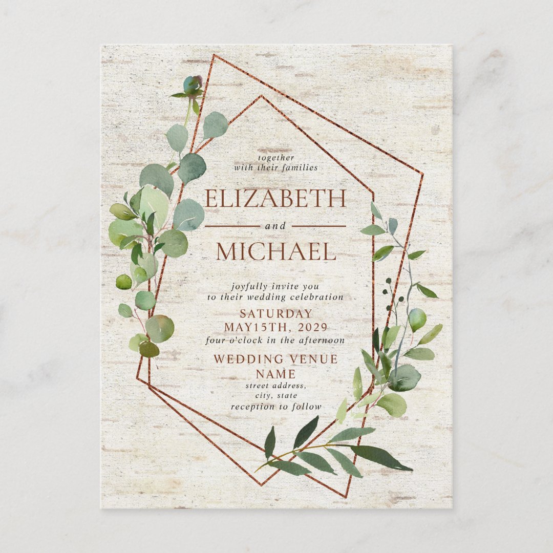 Rustic Copper Geometric Greenery Birch Postcard | Zazzle