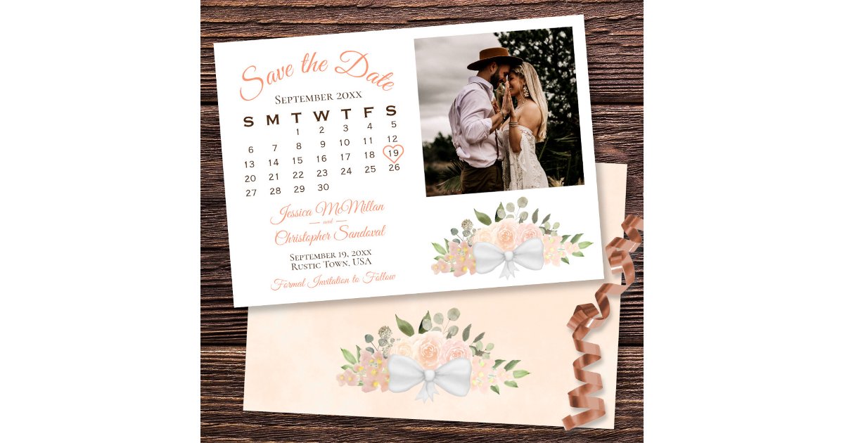 Rustic Coral Peach Floral Calendar & Photo Wedding Save The Date | Zazzle