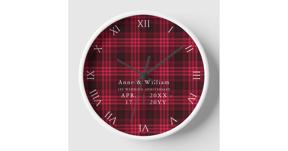 Rustic Cottage Red Tartan 1st Wedding Anniversary Clock | Zazzle