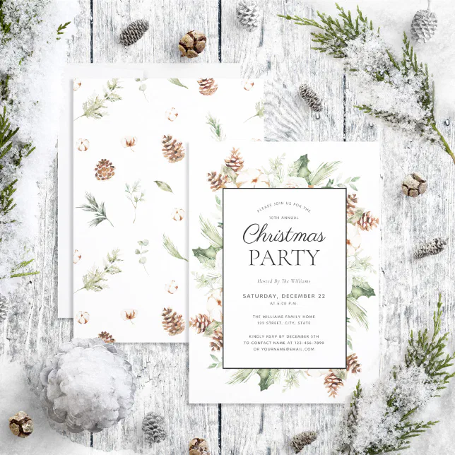Rustic Cotton Winter Greenery Christmas Party Invitation | Zazzle