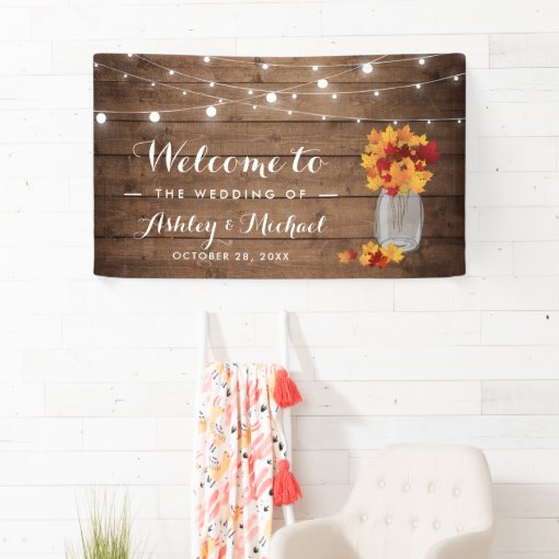 Rustic Country Autumn Leaves String Lights Wedding Banner | Zazzle