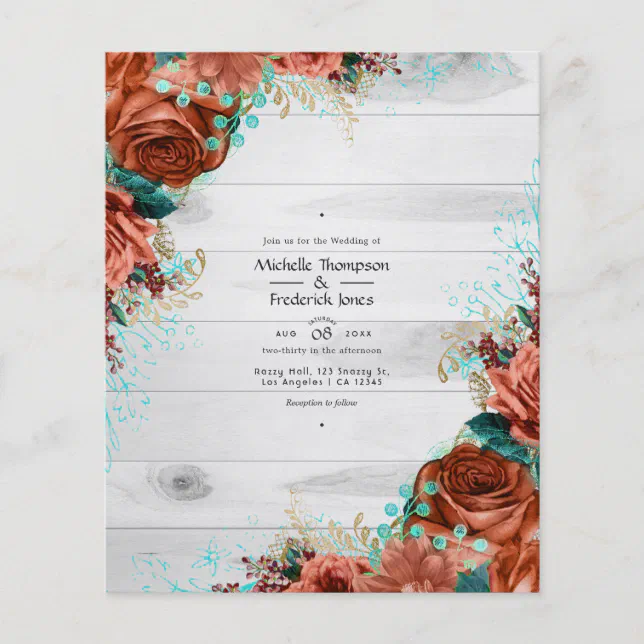 Rustic Country Barn Coral and Teal Floral Wedding Flyer | Zazzle