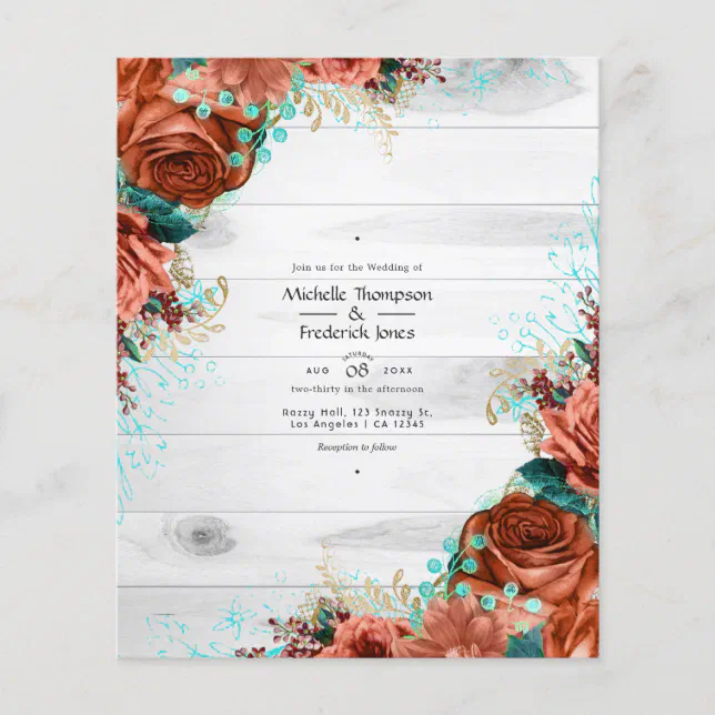 Rustic Country Barn Coral and Teal Floral Wedding Flyer | Zazzle