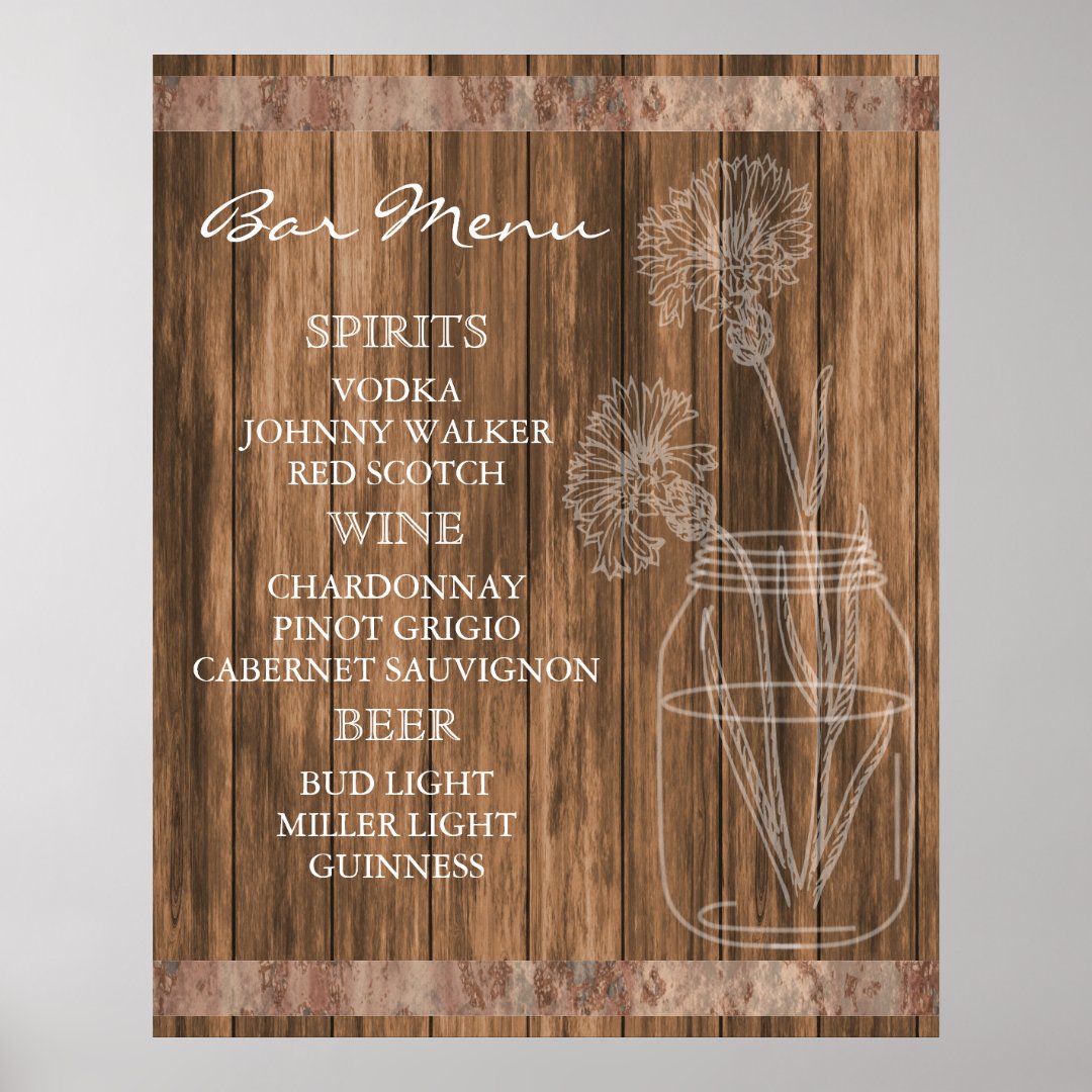 Rustic Country Barn Wood Bar Menu Poster | Zazzle