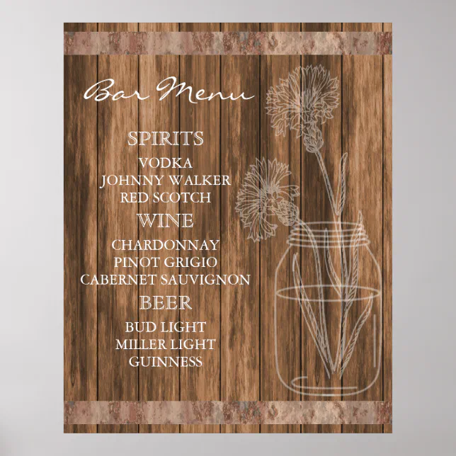 Rustic Country Barn Wood Bar Menu Poster | Zazzle