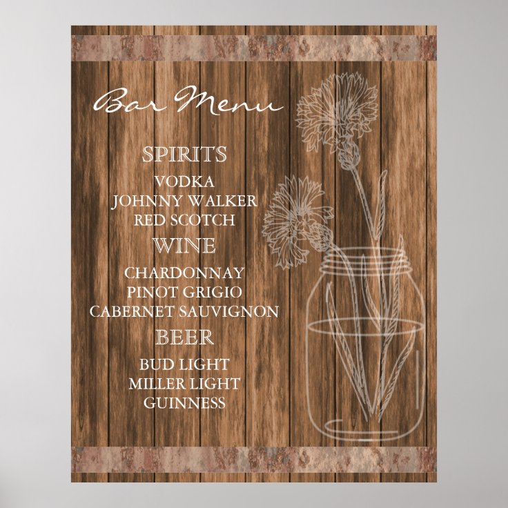 Rustic Country Barn Wood Bar Menu Poster | Zazzle