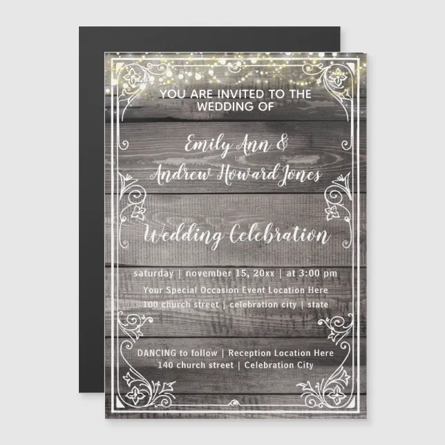 Rustic Country Barn Wood Fairy Lights Wedding Magnetic Invitation | Zazzle
