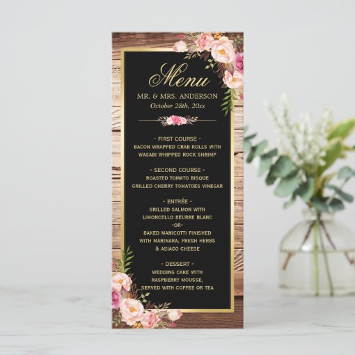 Rustic Country Barn Wood Floral Wedding Menu Card | Zazzle