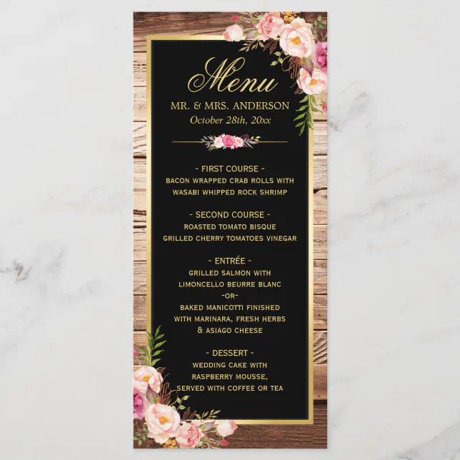 Rustic Country Barn Wood Floral Wedding Menu Card | Zazzle