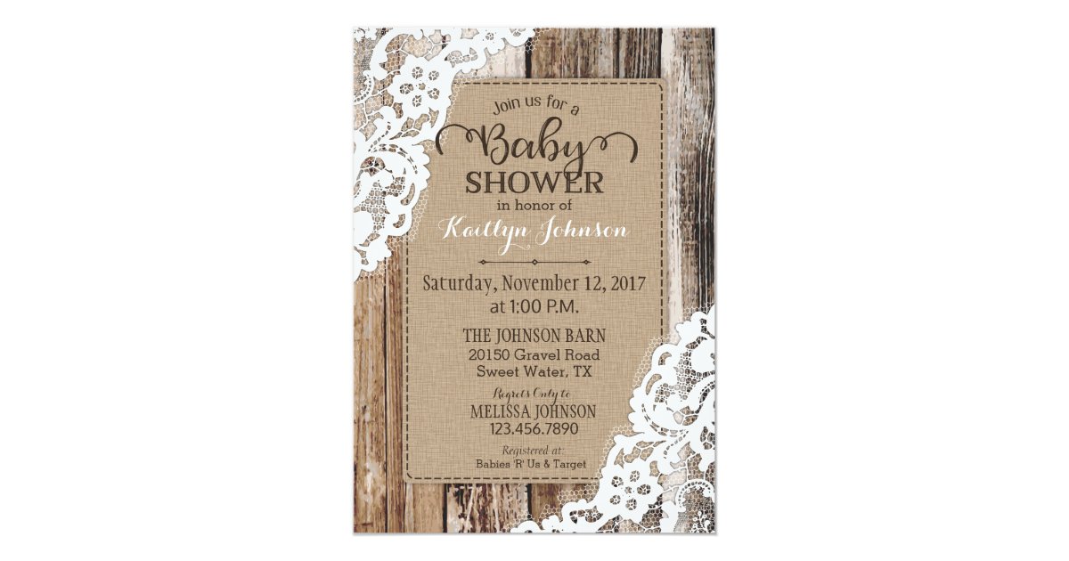 Rustic Country Barn Wood Lace Baby Shower Invitation | Zazzle.com