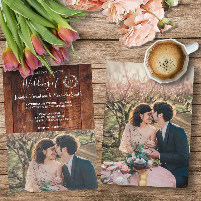Rustic country barn wood monogrammed photo Wedding Invitation | Zazzle