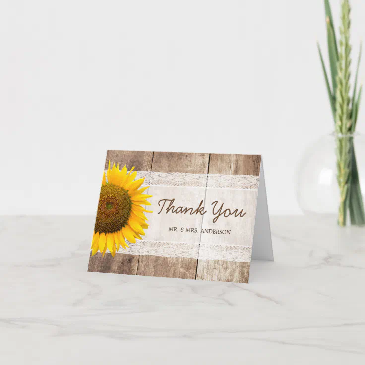 Rustic Country Barn Wood Sunflower Lace Thank You | Zazzle