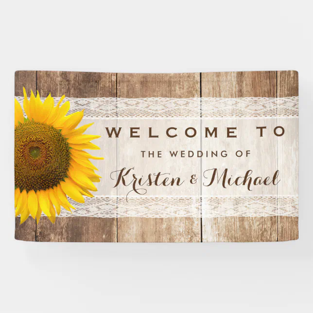 Rustic Country Barn Wood Sunflower Wedding Party Banner | Zazzle